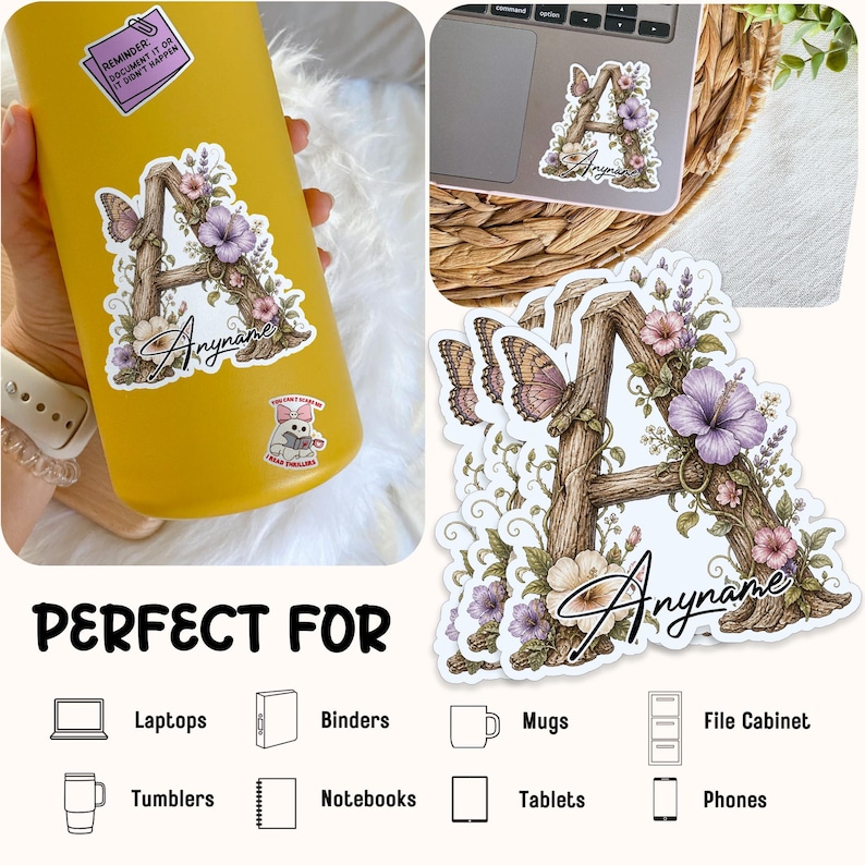 Custom Floral Initial Name Sticker, Personalized Butterfly With Flowers ...