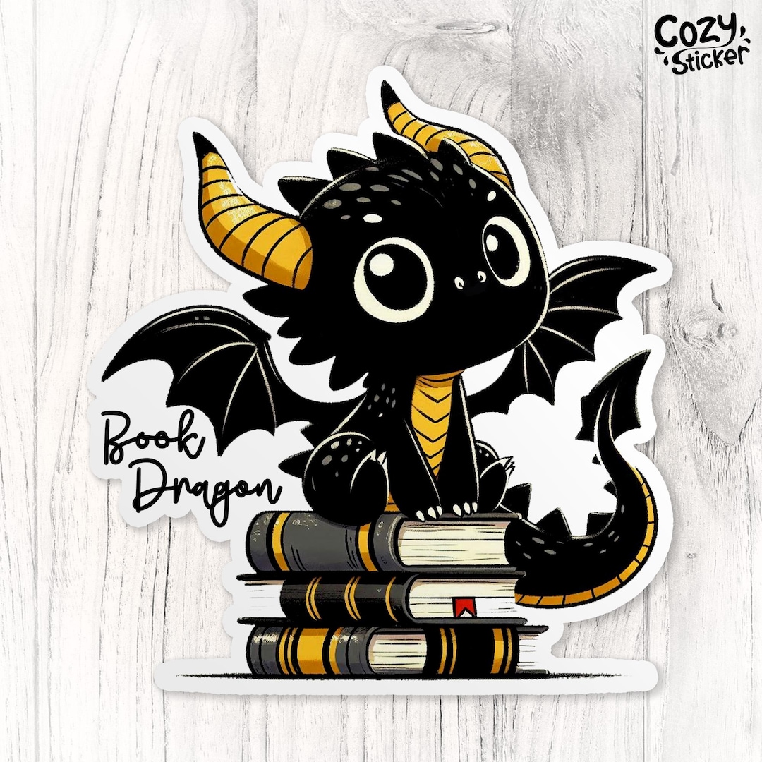 Book Dragon Sticker, Little Black Cute Dragon Reading Lover Vinyl Die ...