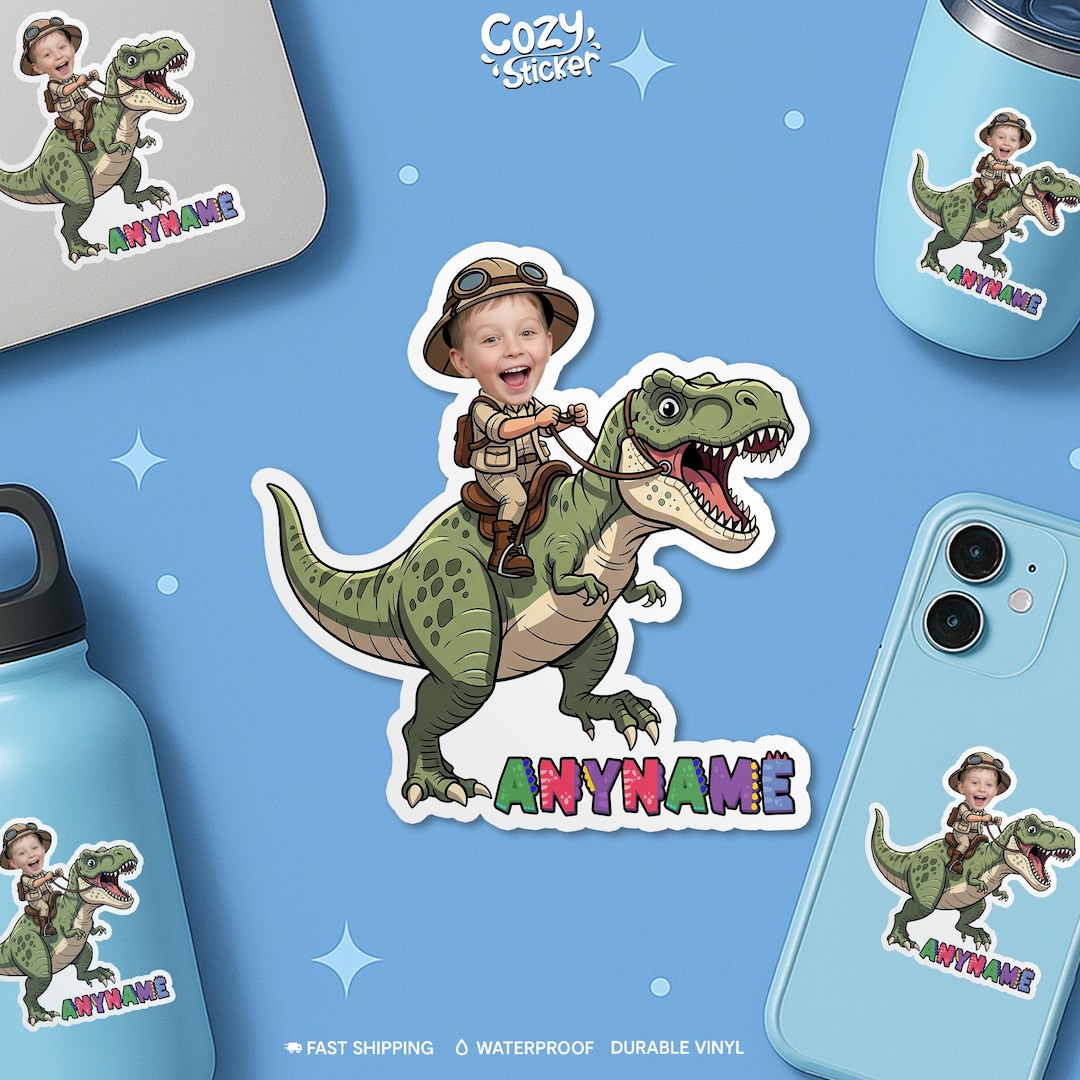 Custom Dino Kids Face Sticker, Personalized Dinosaur Kids Boys Face ...