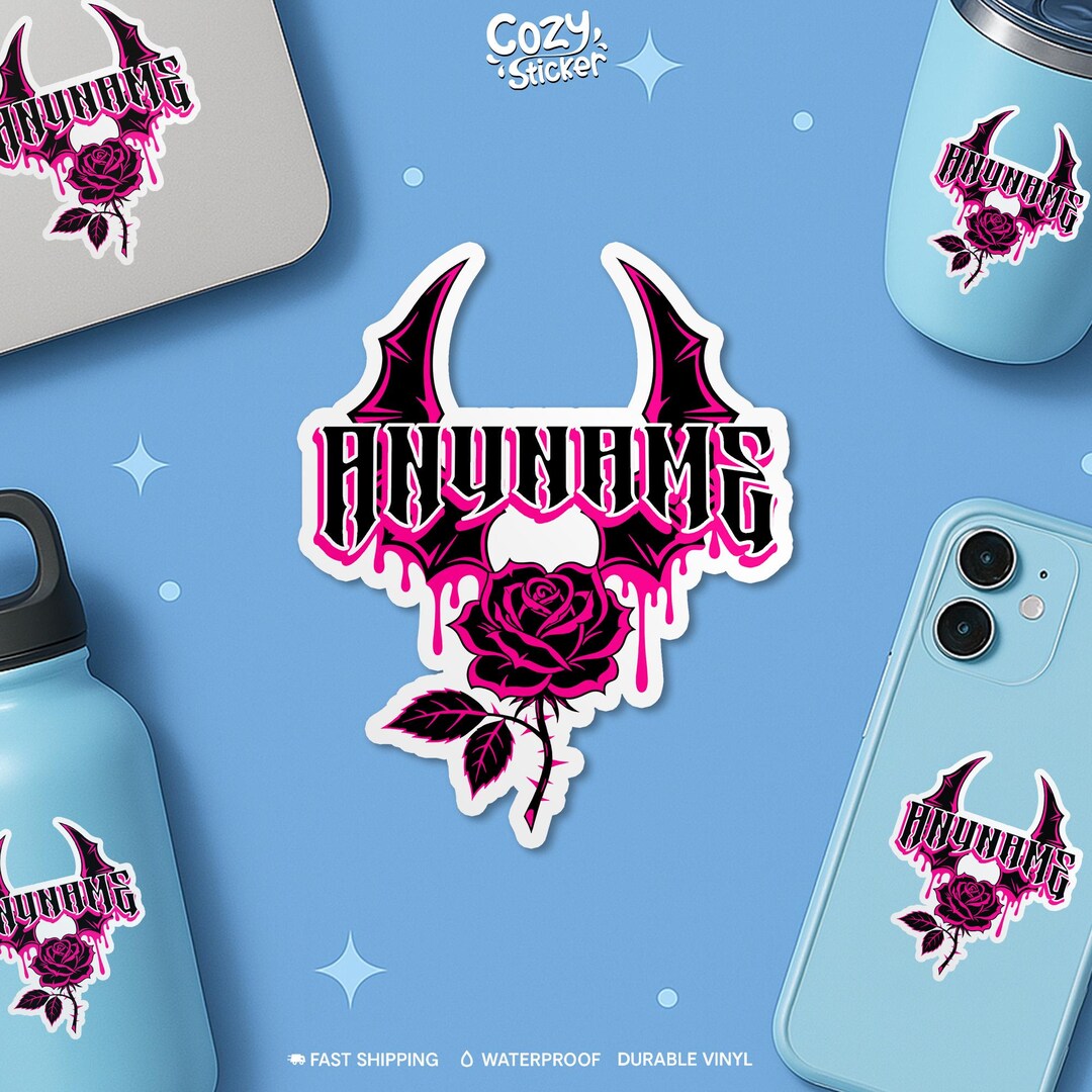 Custom Gothic Bat Rose Name Sticker, Personalized Goth Floral Bats ...