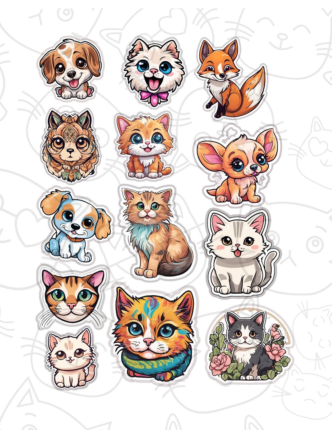Cute Animals Sticker Sheet Download Cats, Dogs, Fox - Etsy