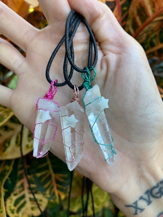 Clear Crystal Quartz Point Wire Wrapped Necklace With Mother of Pearl Star Bead Etsy