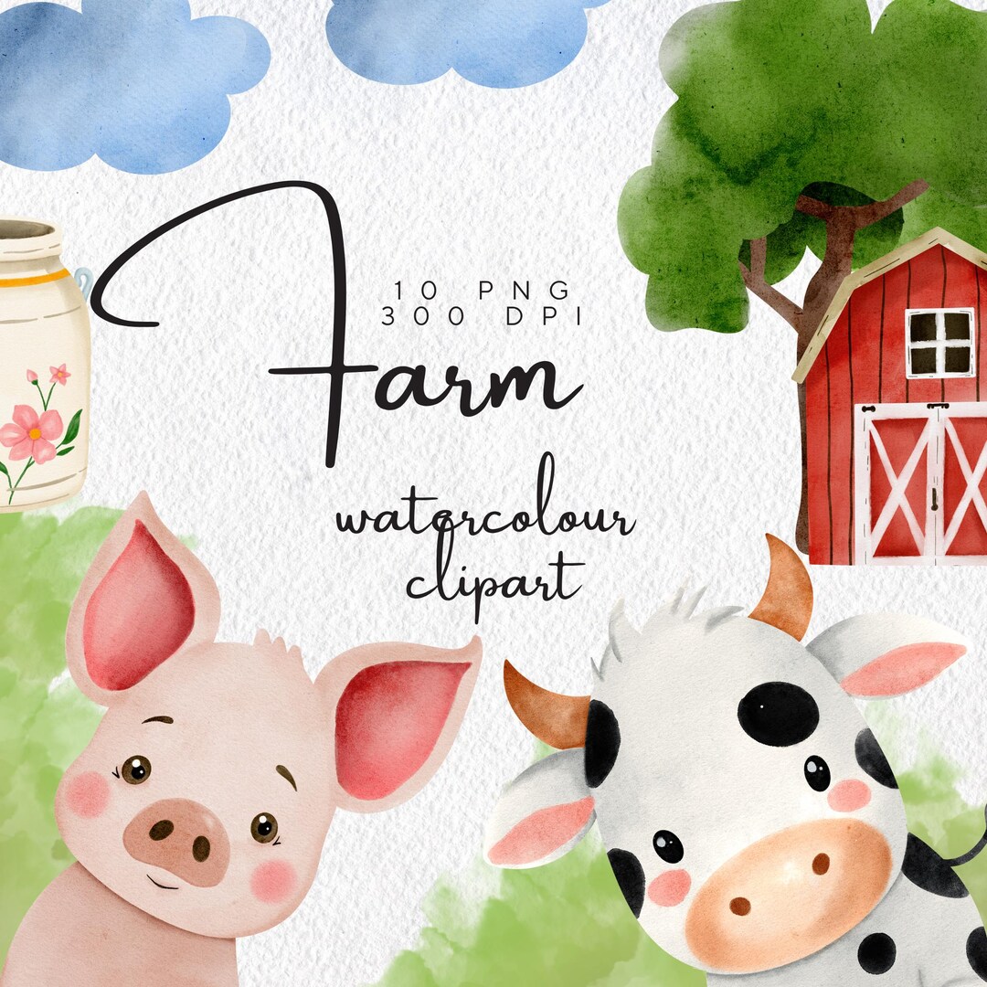 Watercolor Farm Animals Clipart Bundle: Cottagecore Nursery Art (PNG ...