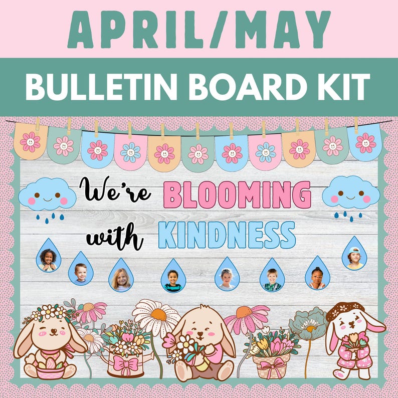 Spring Bulletin Board Kit, Groovy Retro April May Bulletin Board, Bunny ...