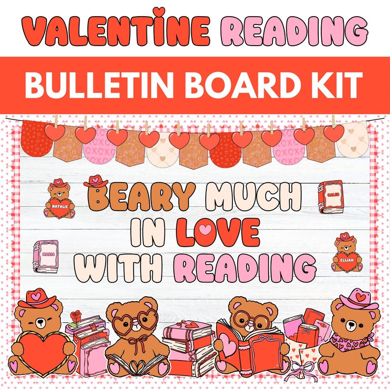 Valentine's Reading Bulletin Board Kit, Teddy Bear, Library Decor ...