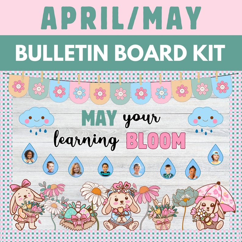Spring Bulletin Board Kit, Groovy Retro April May Bulletin Board, Bunny ...
