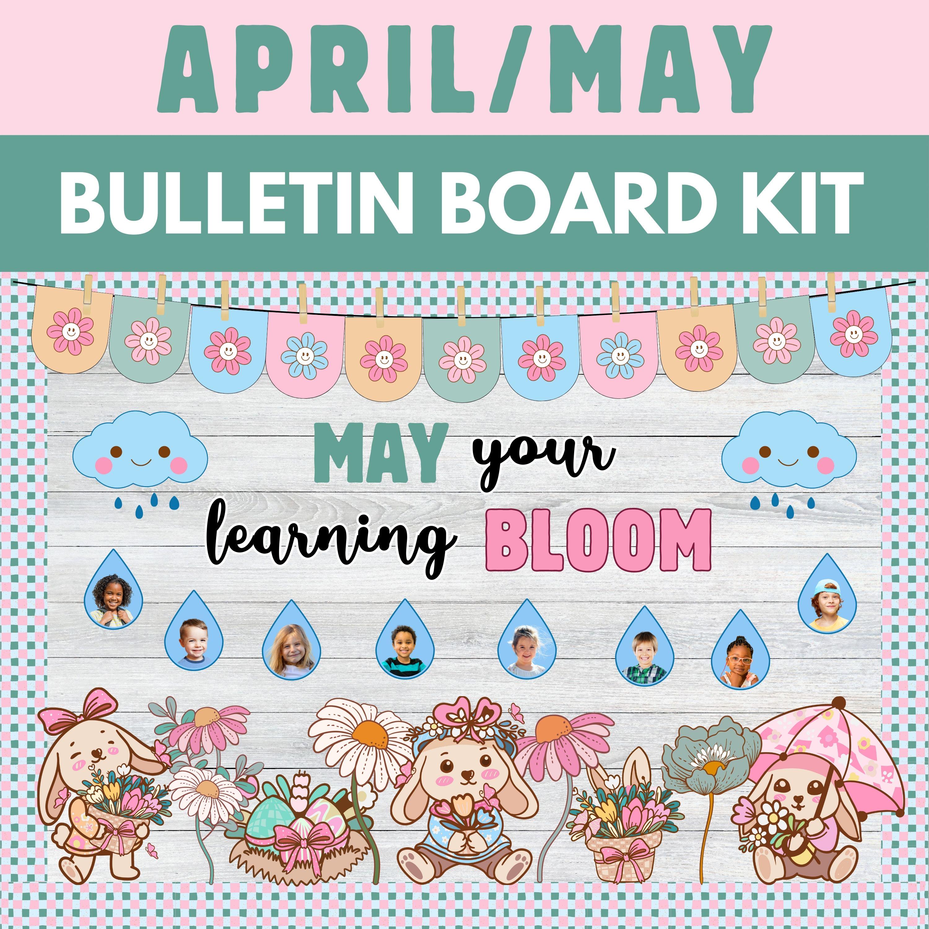 Spring Bulletin Board Kit, Groovy Retro April May Bulletin Board, Bunny ...