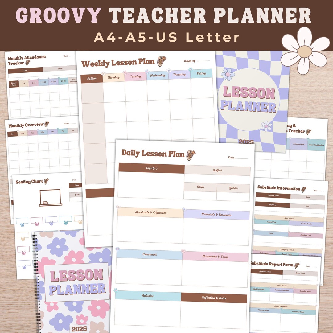 Printable Teacher Planner, Groovy Daily Weekly Lesson Plan Template for ...