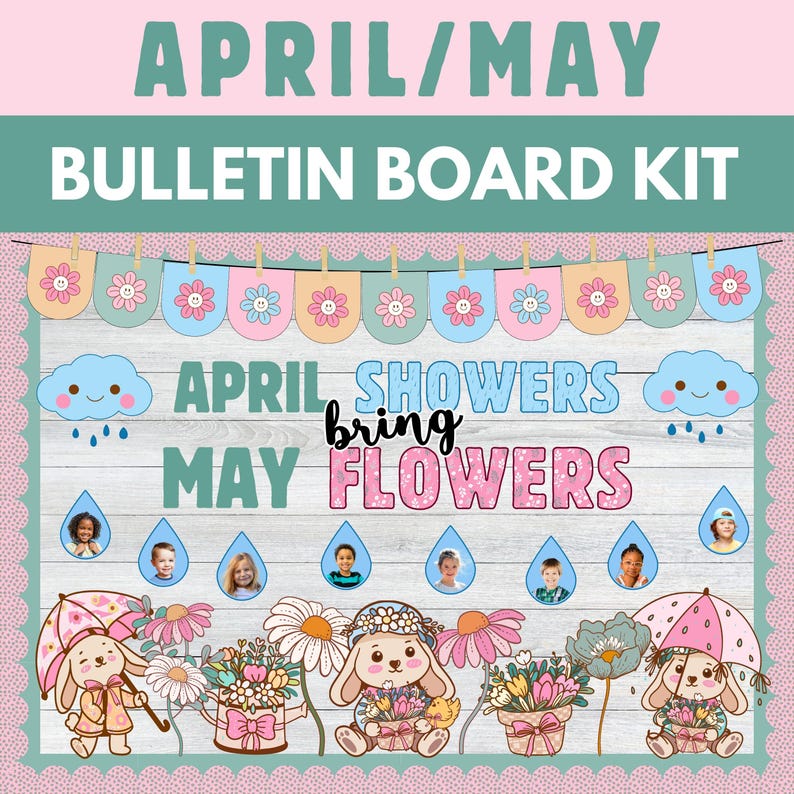 Spring Bulletin Board Kit, Groovy Retro April May Bulletin Board, Bunny ...