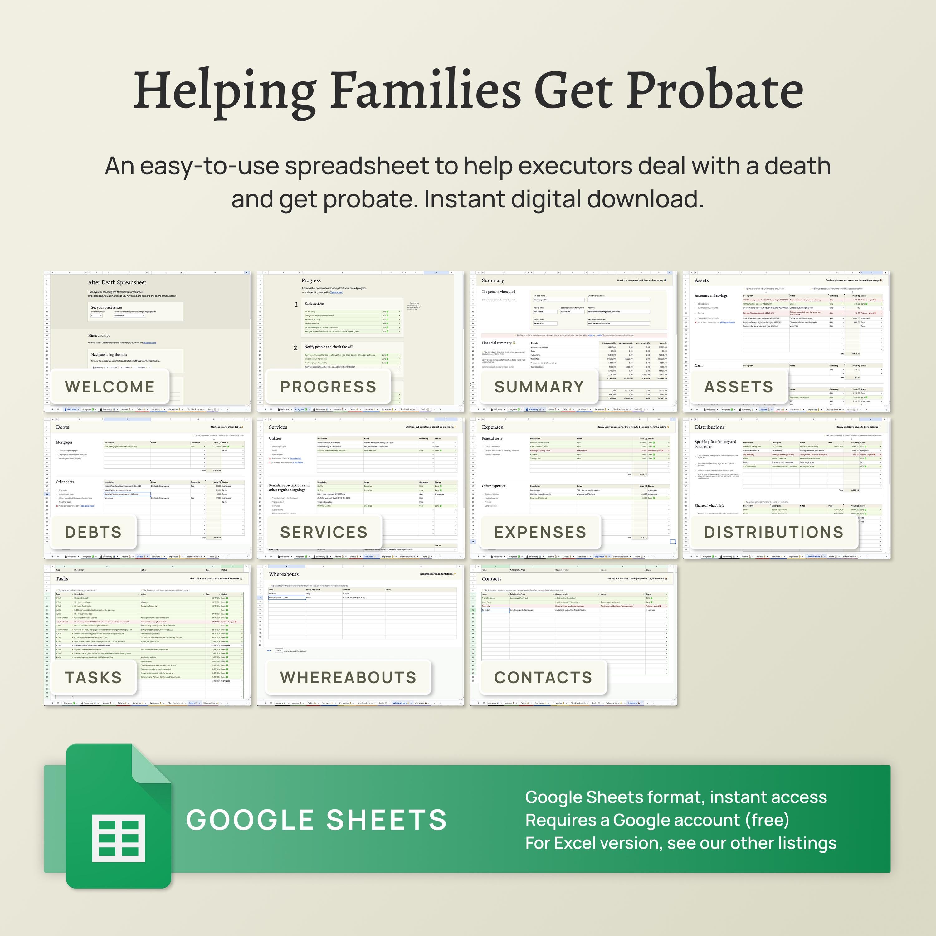 After Death Spreadsheet – Executor Checklist, Estate Accounts, Assets ...