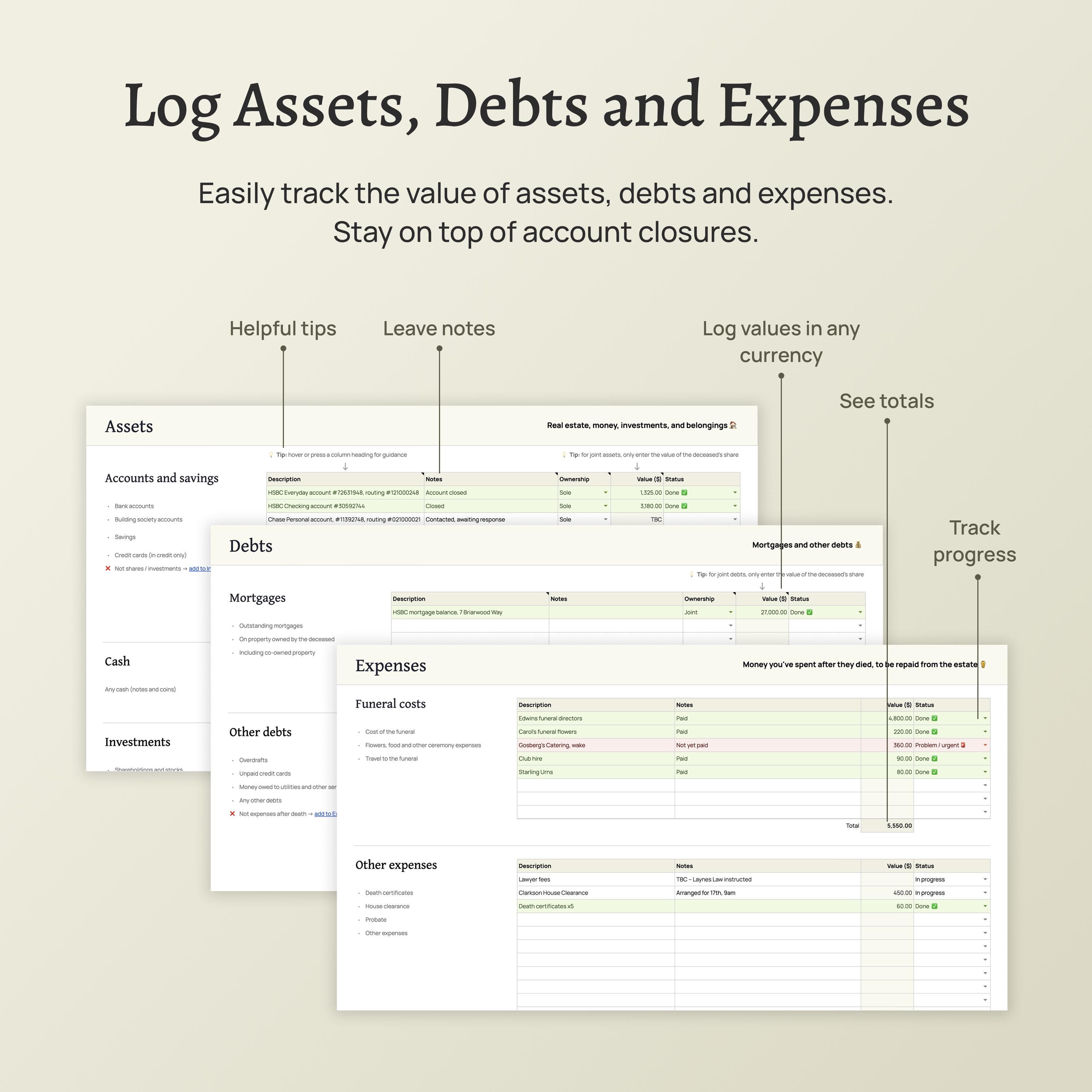 After Death Spreadsheet – Executor Checklist, Estate Accounts, Assets ...