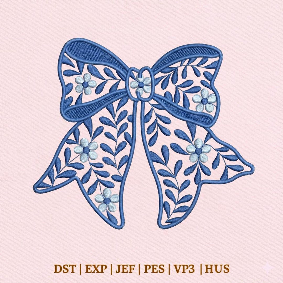 Floral Bow Blue Coquette Ribbon Elegantembroidery Design, Instant ...