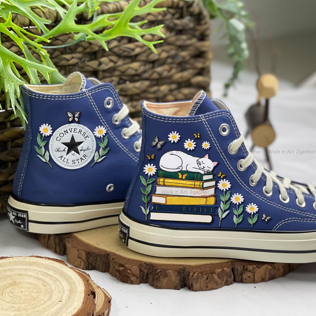 Cat Book Embroidered Converse, Hand Embroidery Floral Book Converse ...