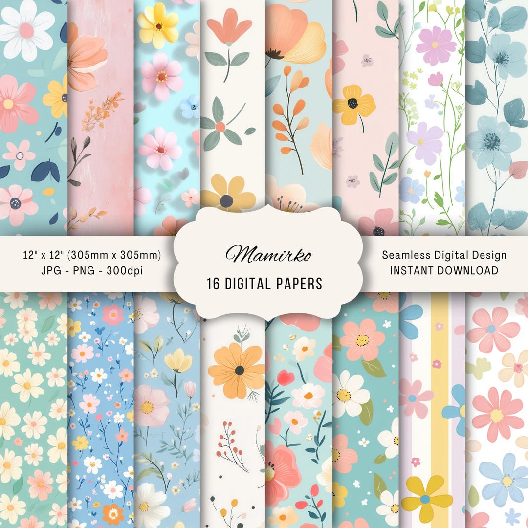 16 Pastel Spring Flower Digital Papers, Daisy Floral Seamless Pattern ...