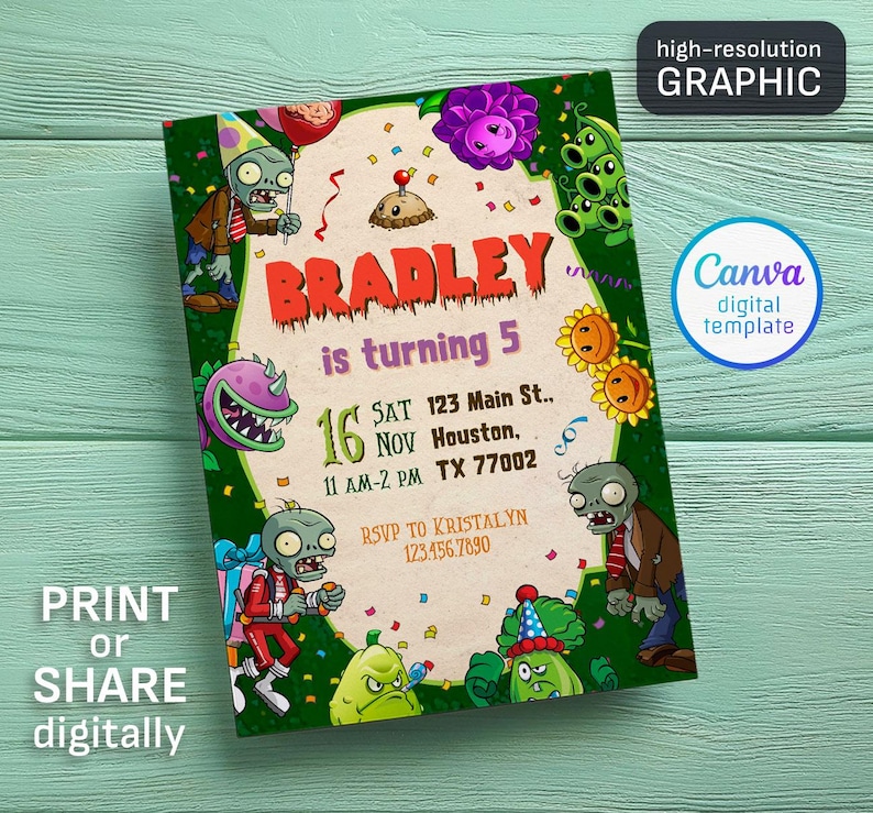 Plants Vs Zombies Birthday Invitation, Game Invite, Printable Editable ...