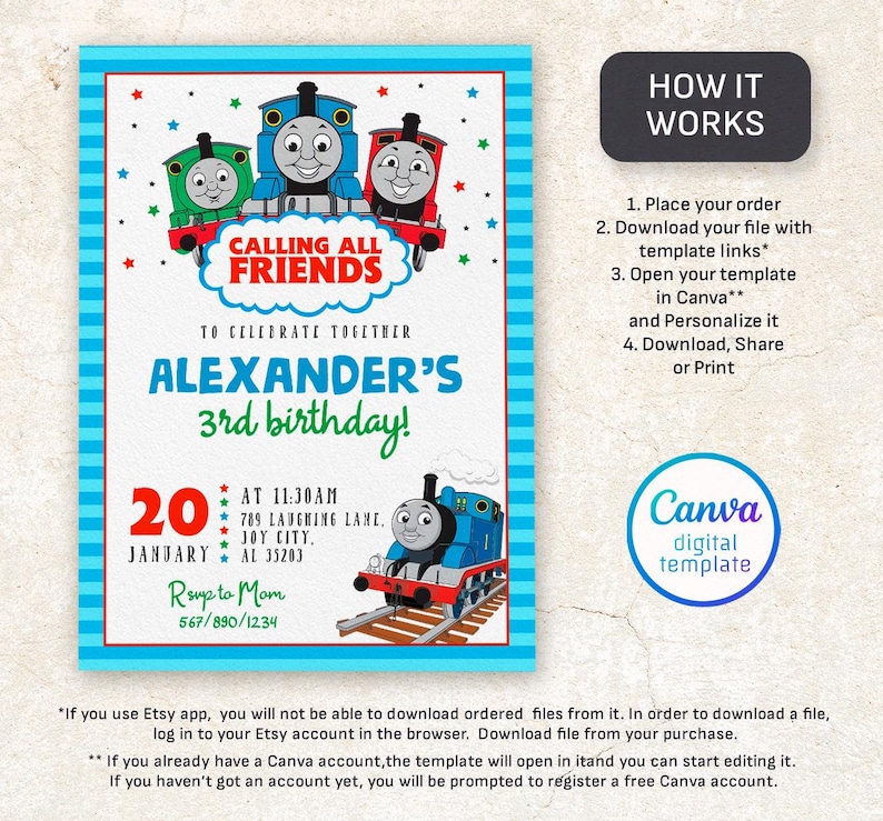 Printable Thomas Train Birthday Invitation, Editable Thomas Party ...