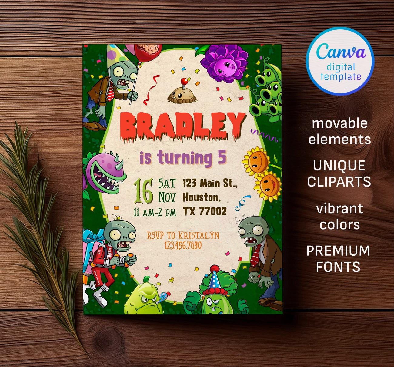 Plants Vs Zombies Birthday Invitation, Game Invite, Printable Editable ...