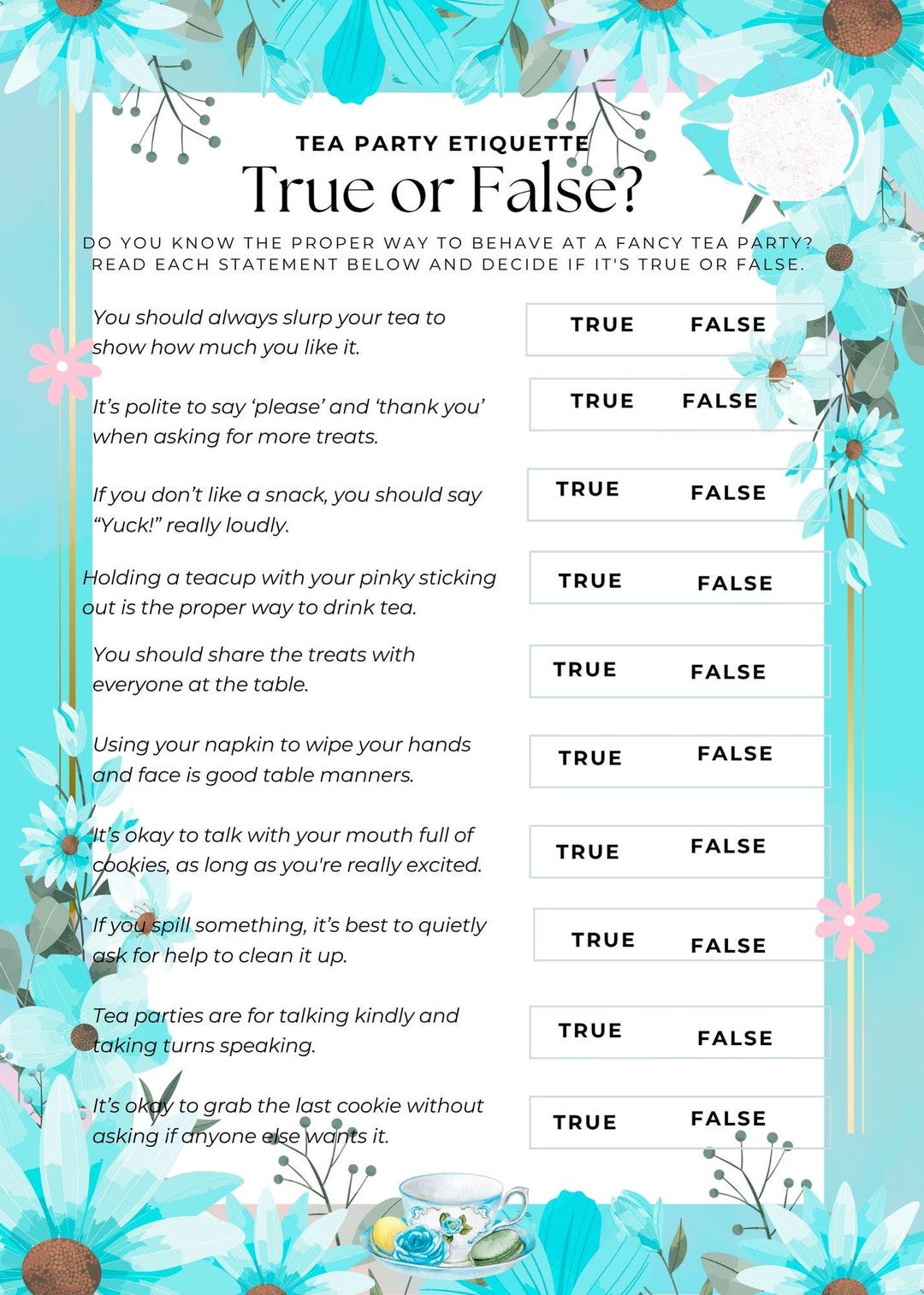 Blue Party Trivia Games for High Tea Bridal Shower or Church Tea Party ...