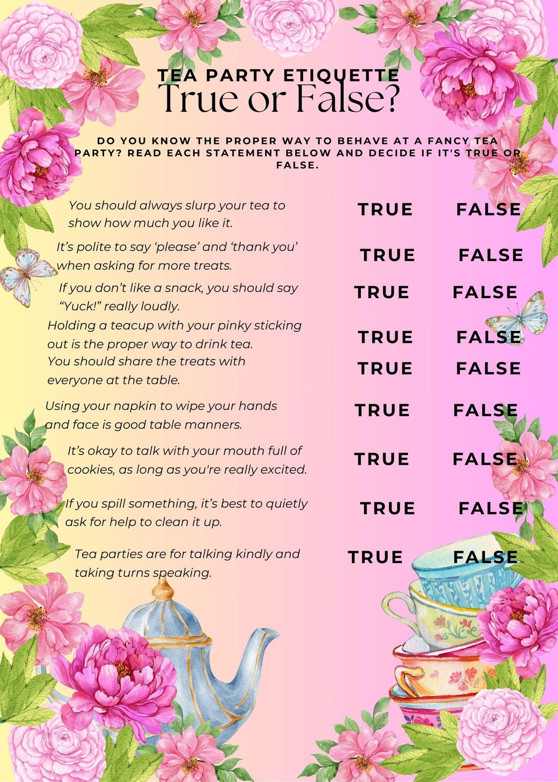 Tea Party Etiquette Trivia Game: Bridal Shower Fun (instant Download ...