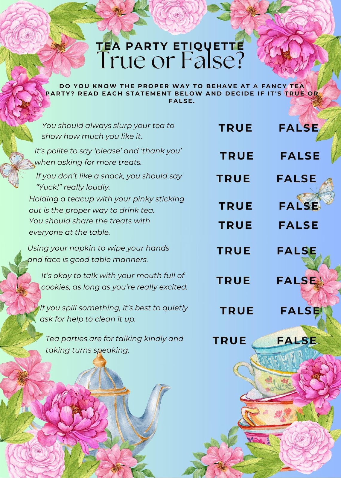 Tea Party Trivia Game: Printable Bridal Shower, Birthday, or Church ...