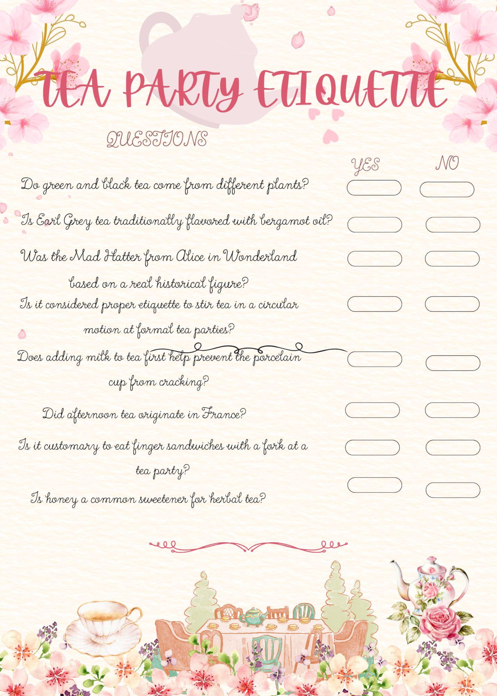 Tea Party Etiquette Printable Game High Tea Printable Bridal Shower ...