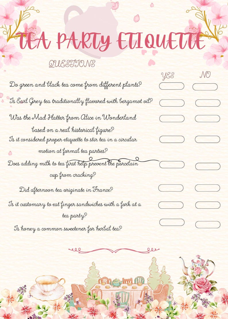 Tea Party Etiquette Printable Game High Tea Printable Bridal Shower ...