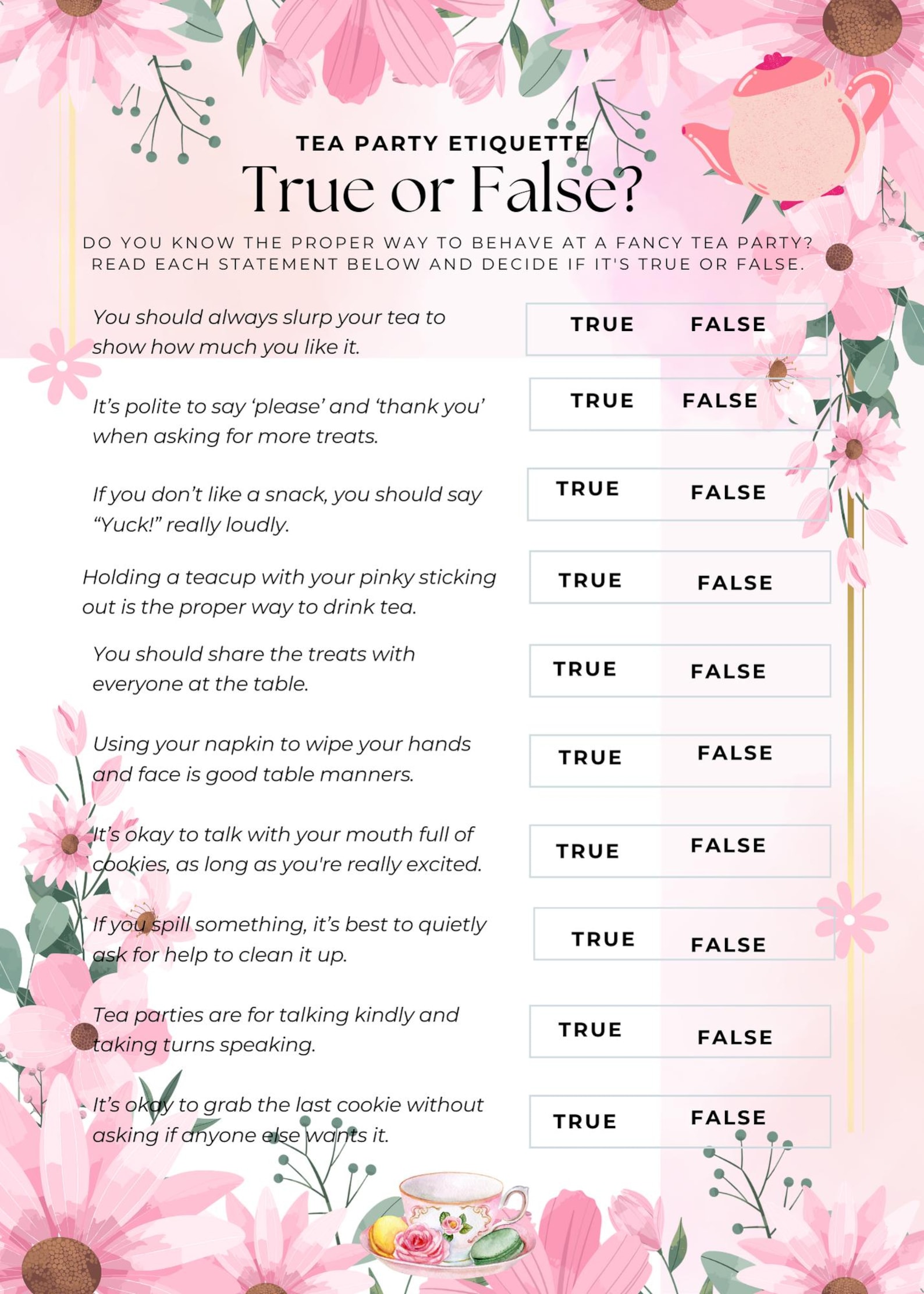 Tea Party Etiquette Trivia Game: True or False (printable) - Etsy