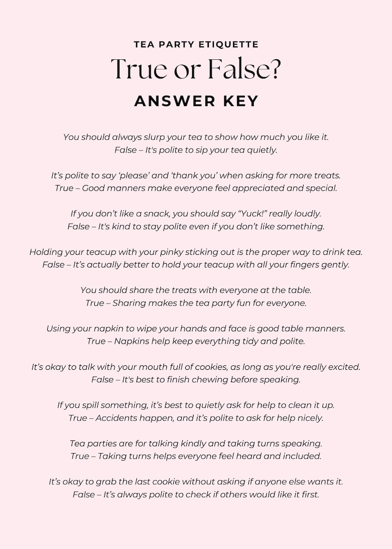 Tea Party Etiquette Trivia Game: True or False (printable) - Etsy