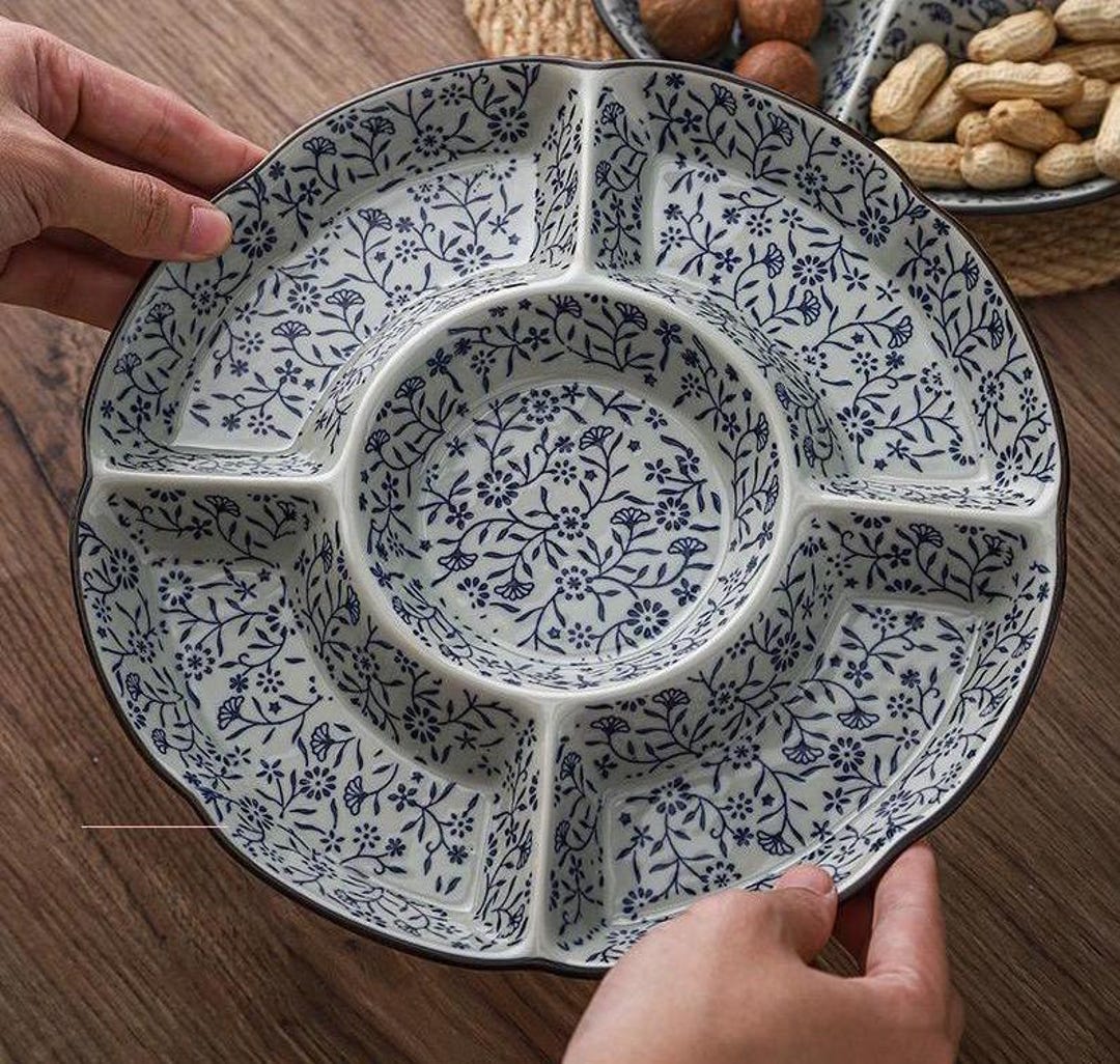 Blue and White Floral Ceramic Platter Elegant 5-compartment Serving ...
