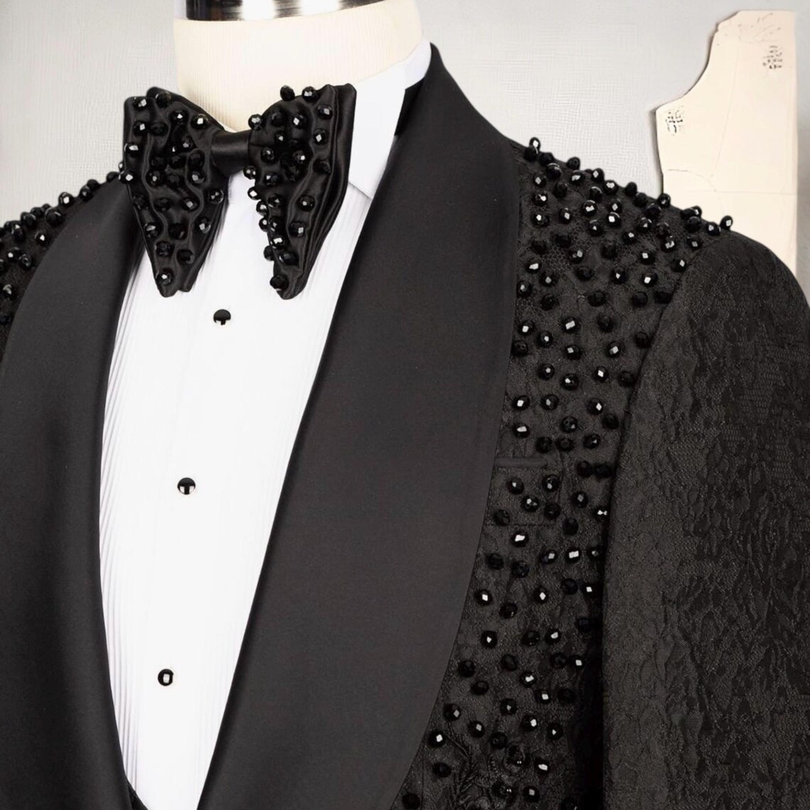 Black Men's Tuxedo With Stones Ornament, Wedding Groom Tuxedo Set, Wool ...