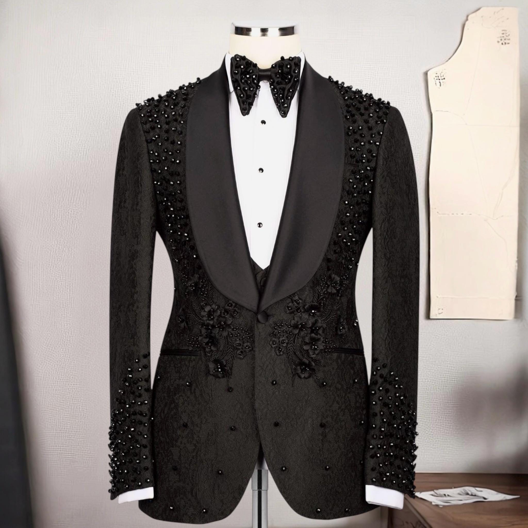 Black Men's Tuxedo With Stones Ornament, Wedding Groom Tuxedo Set, Wool ...