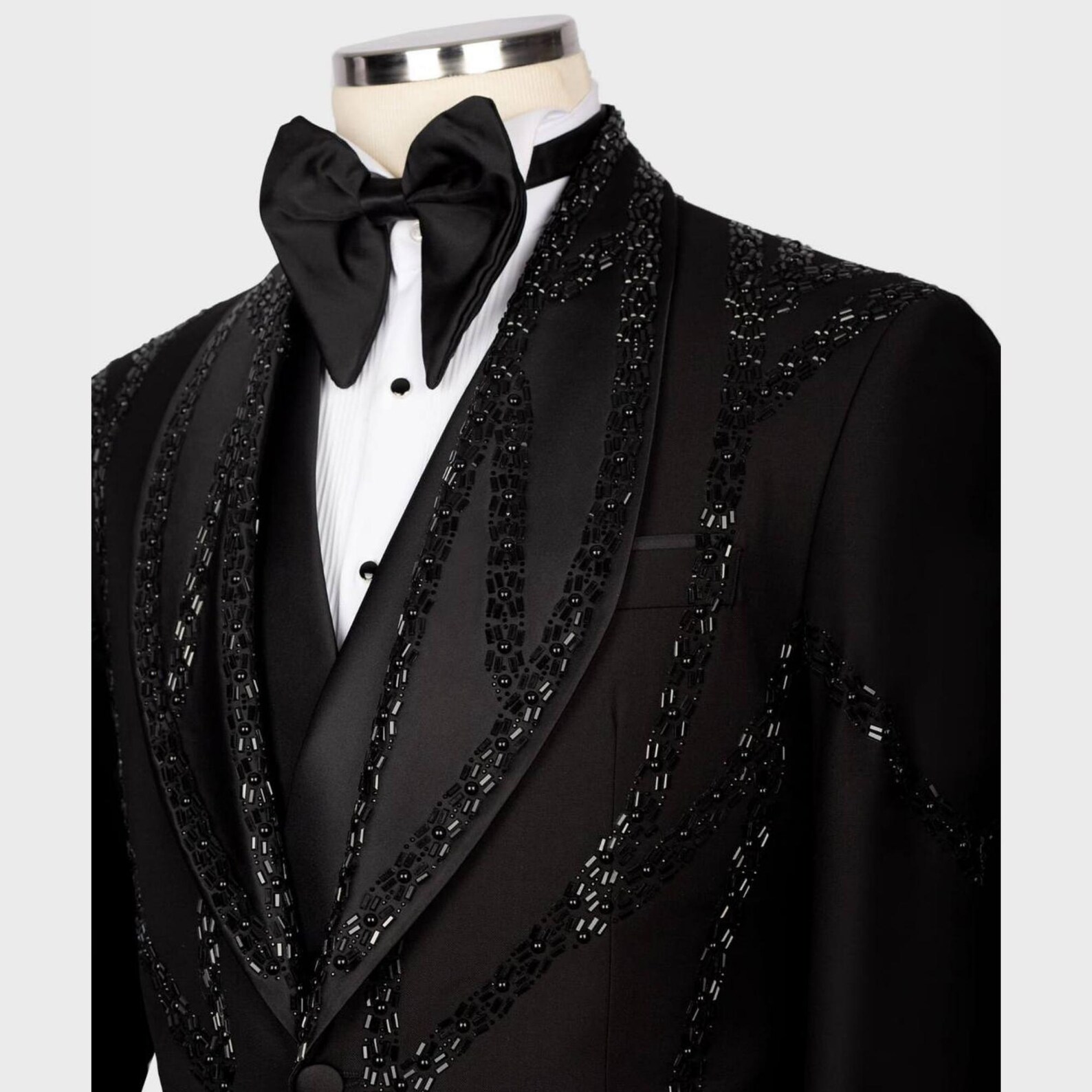 Black Men's Tuxedo With Silver Stones, Wedding Groom Tuxedo Set, Black ...