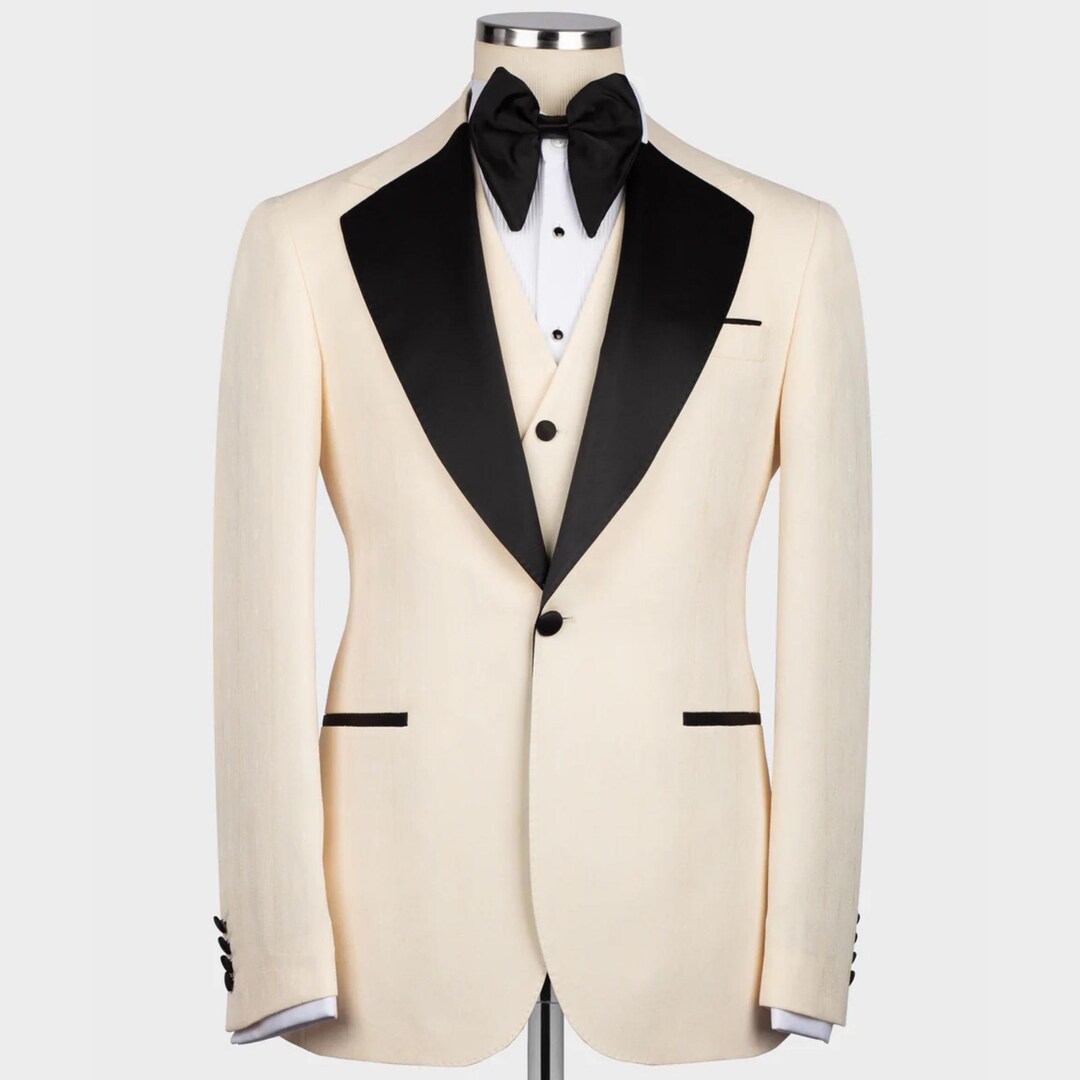 3 Piece Cream Men’s Tuxedo Set, Mens Wedding Tuxedo Suits, Satin Collar ...