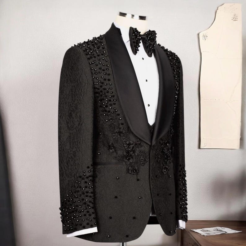 Black Men's Tuxedo With Stones Ornament, Wedding Groom Tuxedo Set, Wool ...