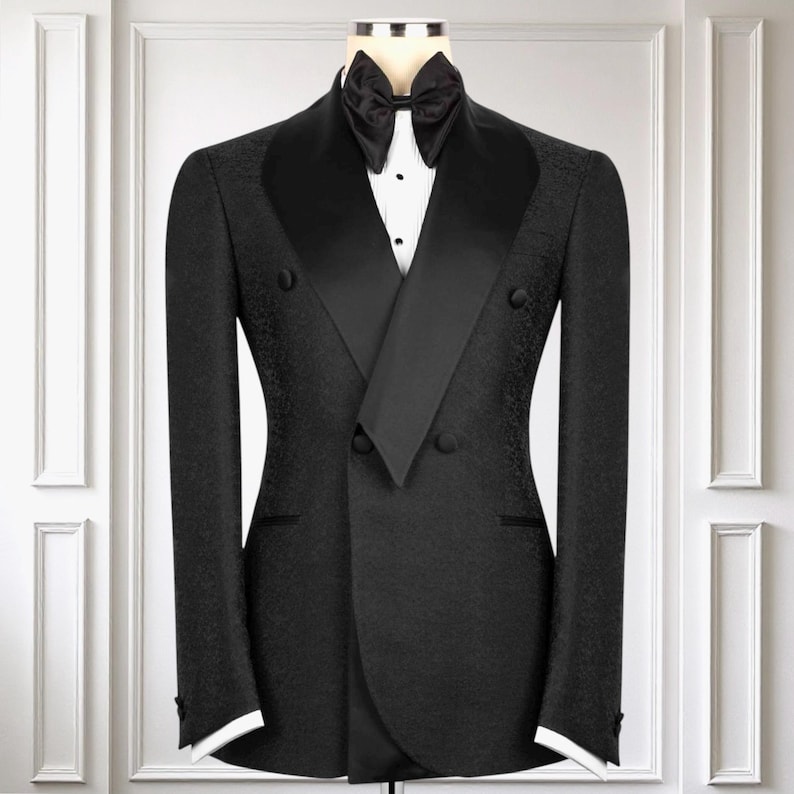 Black Patterned Men’s Tuxedo, Double Breasted Tuxedo, Shawl Collar ...