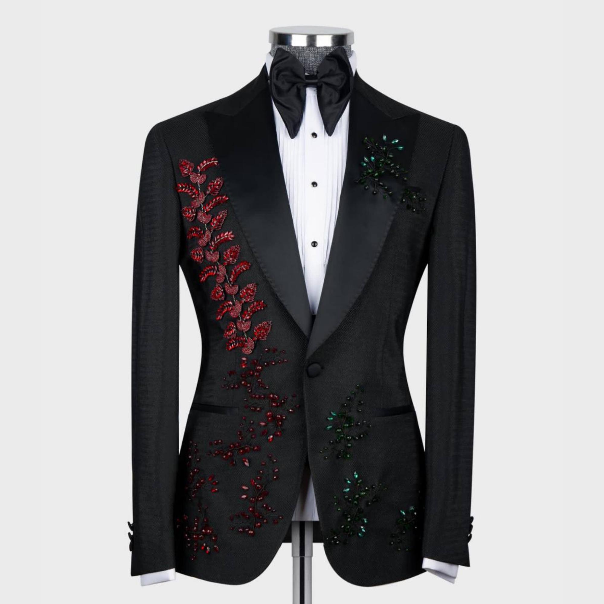 Black Men’s Tuxedo With Crystal Stones Embroidered, Wedding Groom ...