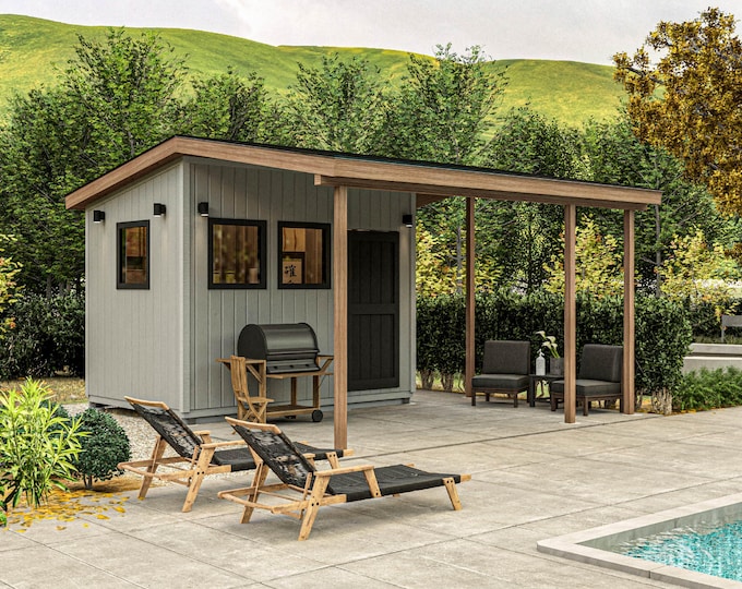 Pool House Plans,16'x16' Pool Shed With Porch Construction Blueprints ...