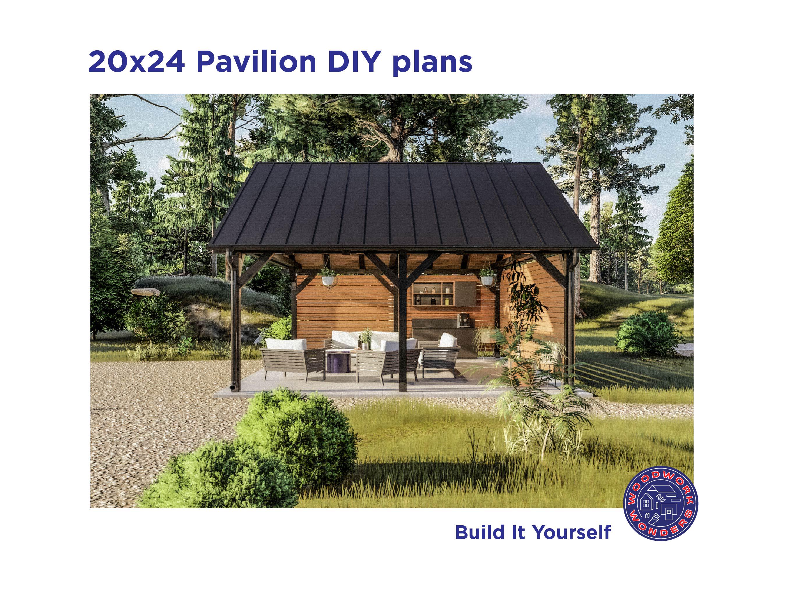 20x24 Wood Pavilion DIY Plans: Gable Roof Blueprint With Material & Cut ...