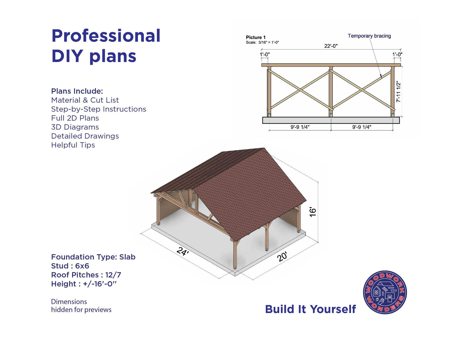 20x24 Wood Pavilion DIY Plans: Gable Roof Blueprint With Material & Cut ...