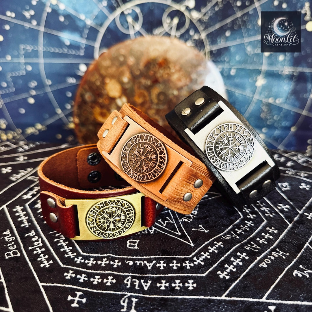 Cowhide Leather Vegvísir Bracelet – Viking Compass, Norse Runes ...
