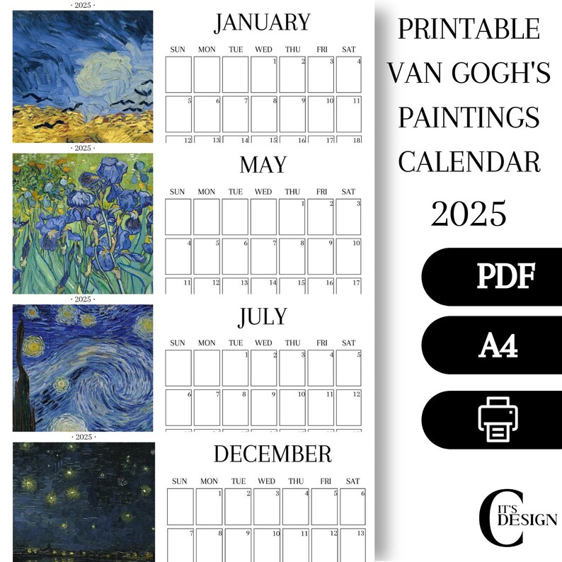 2025 Printable VAN GOGH'S PAINTINGS Calendar A4 Sunday Start 12 Months ...