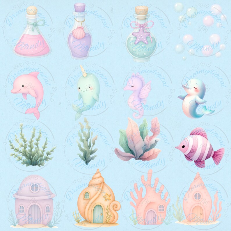Cute Watercolour Mermaid & Friends Clipart, Under the Sea Png, Pastel ...