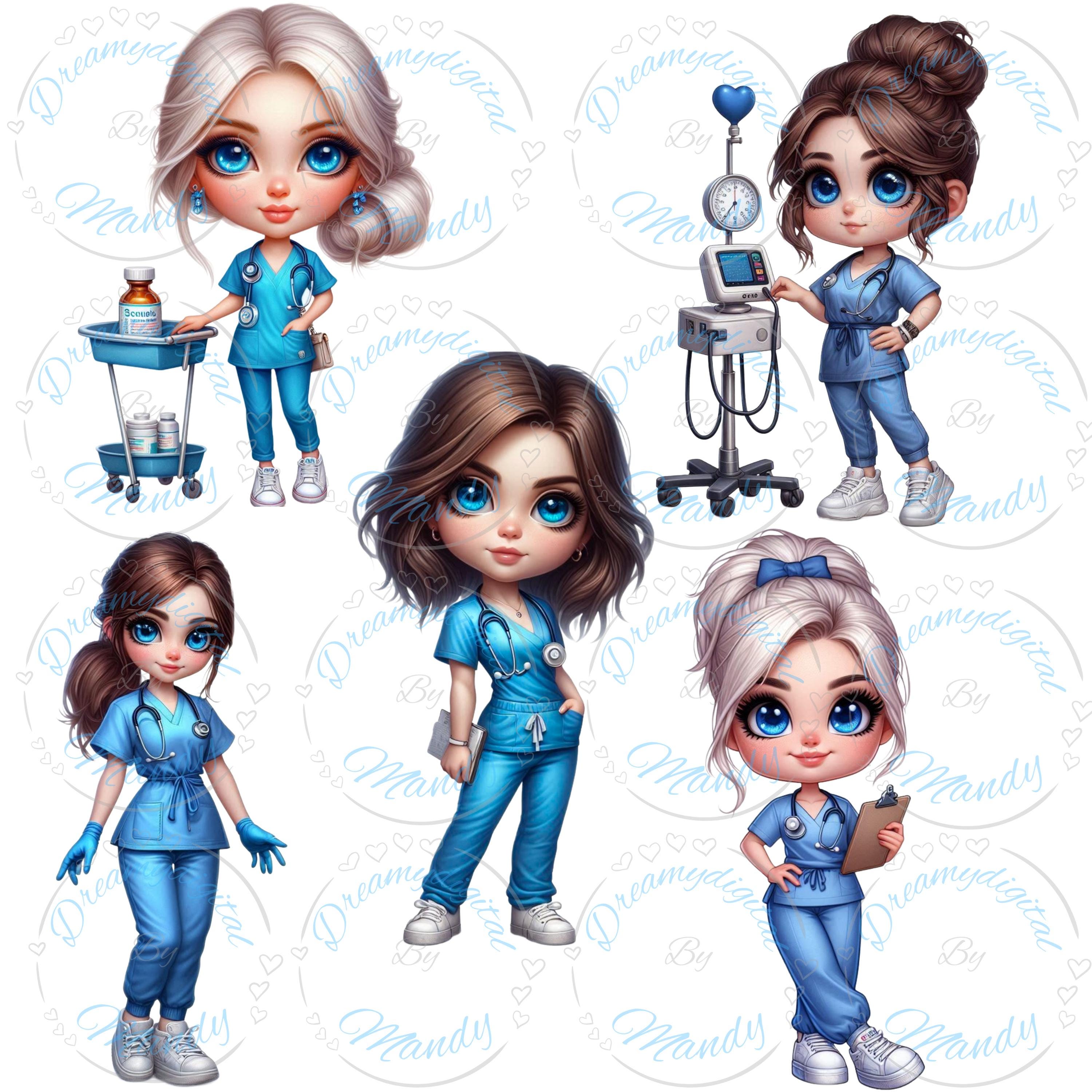 40 Nurse Clipart Set, Blonde & Brunette Nurses, Blue Scrubs ...