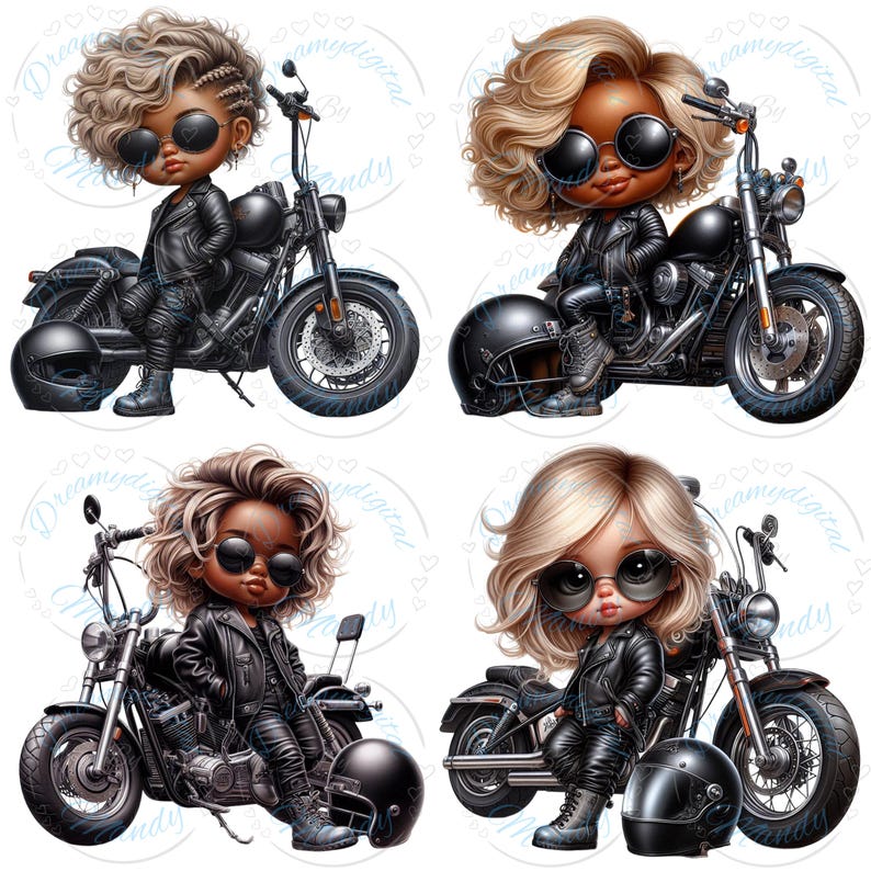 24 Biker Girl in Leather Clipart, Whimsical Chibi Style African ...