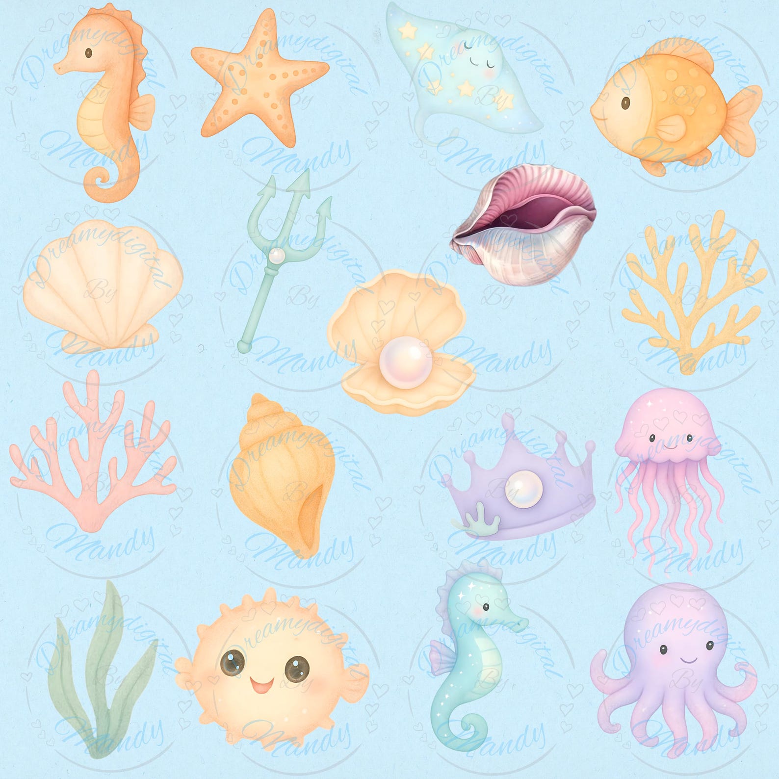 Cute Watercolour Mermaid & Friends Clipart, Under the Sea Png, Pastel ...