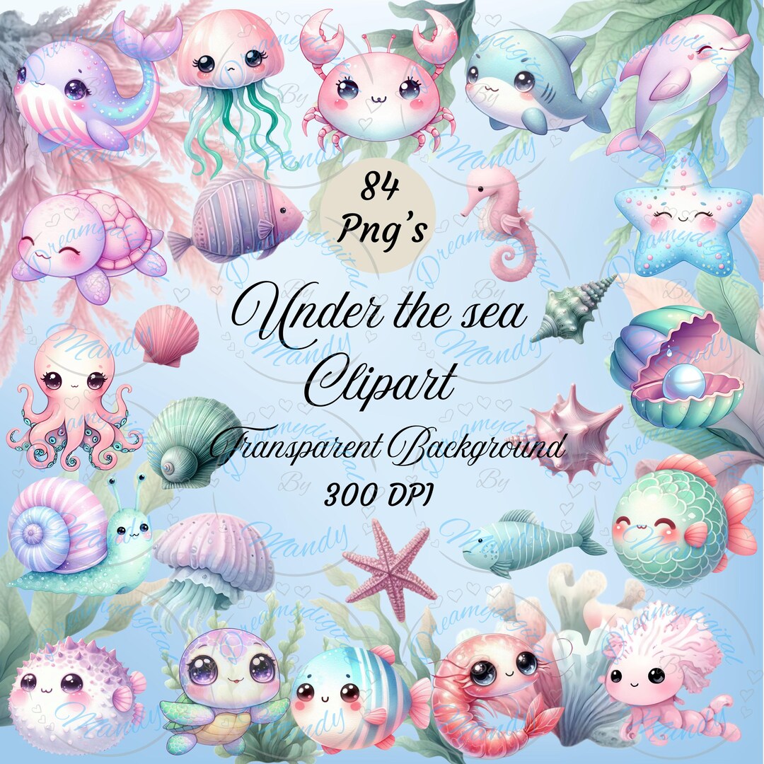 84 Cute Pastel Sea Animals Clipart Set. Rainbow Sea Babies. Turtle ...