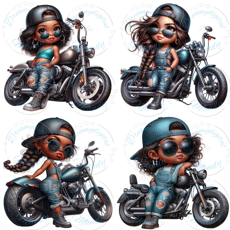 24 Biker Girl With Cap Clipart, Whimsical Chibi Style African American ...