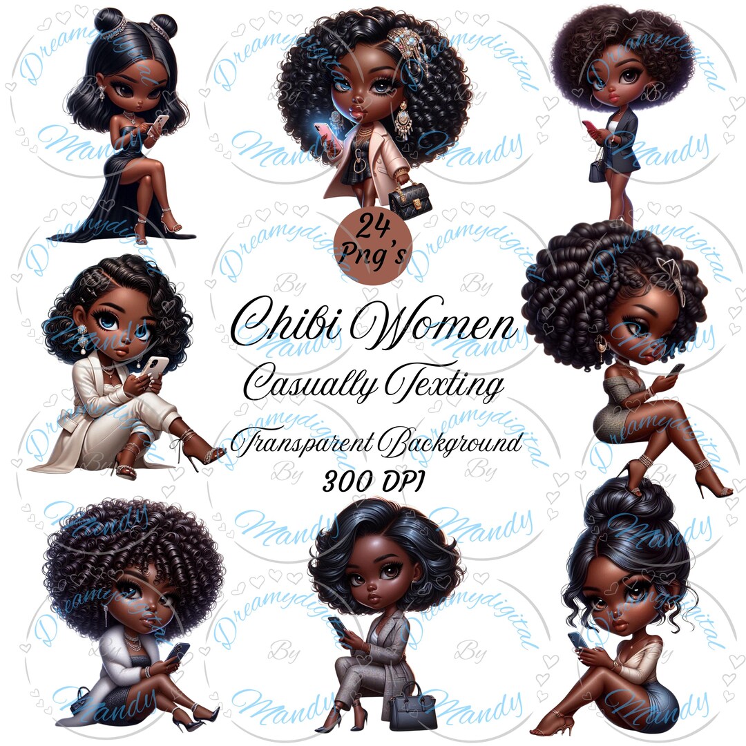 24 African American Chibi Women Texting on Phone Clipart, Elegant ...