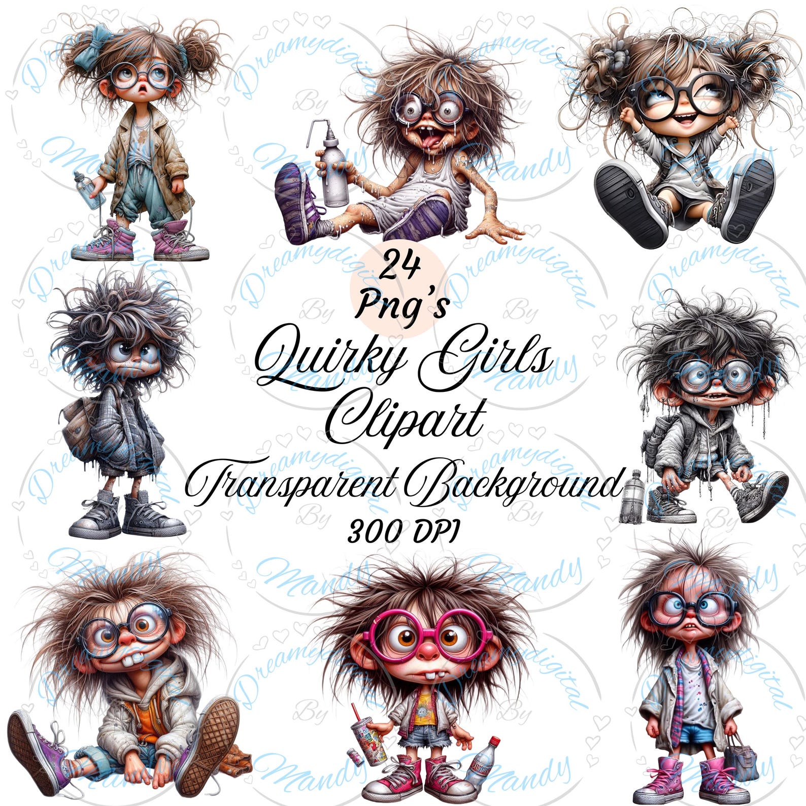24 Quirky Girls Clipart - Funny Girl With Bedraggled Hair & Glasses ...