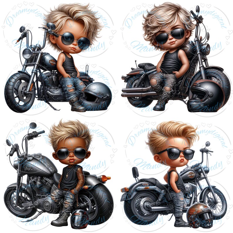 24 Biker Boy in Black Clipart, Whimsical Chibi Style Afro American ...